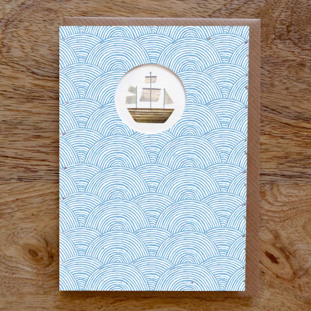 Die Cut Sailboat Greeting Card, Illustrated Waves, Blank Notecard - Etsy UK
