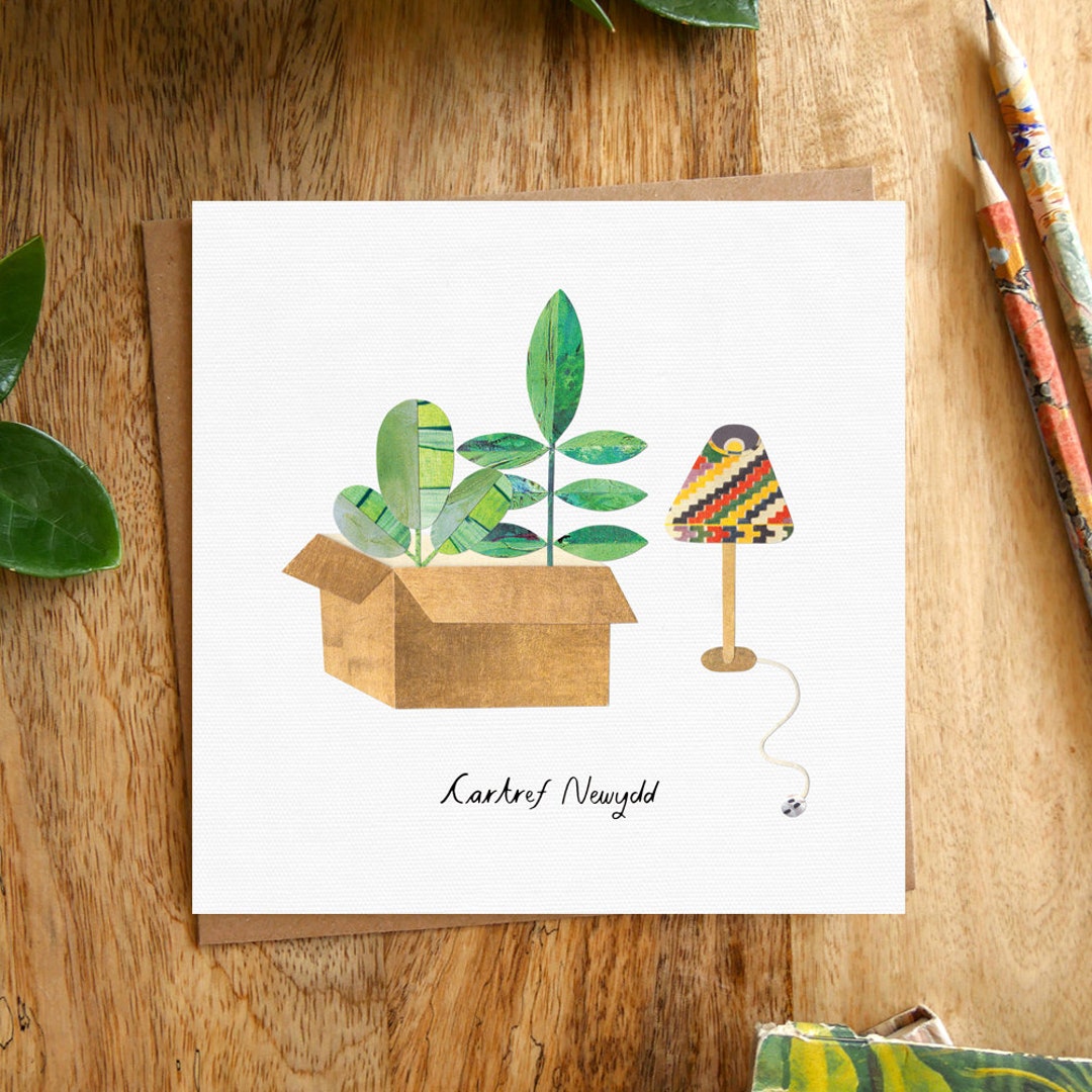 NEW HOME Welsh Plants and Retro Lamp Greeting Card, Cartref Newydd, New ...