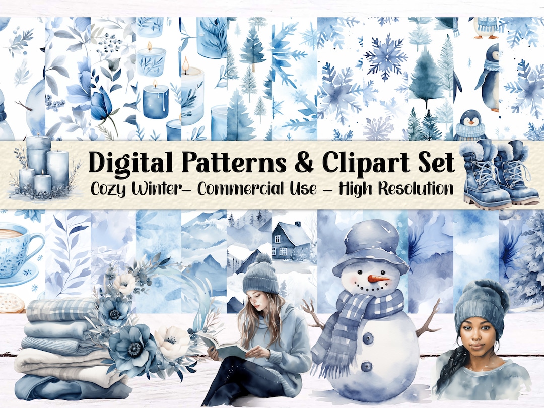Cozy Winter Blue Clipart Bundle Holiday Clipart Pngs and Seamless ...