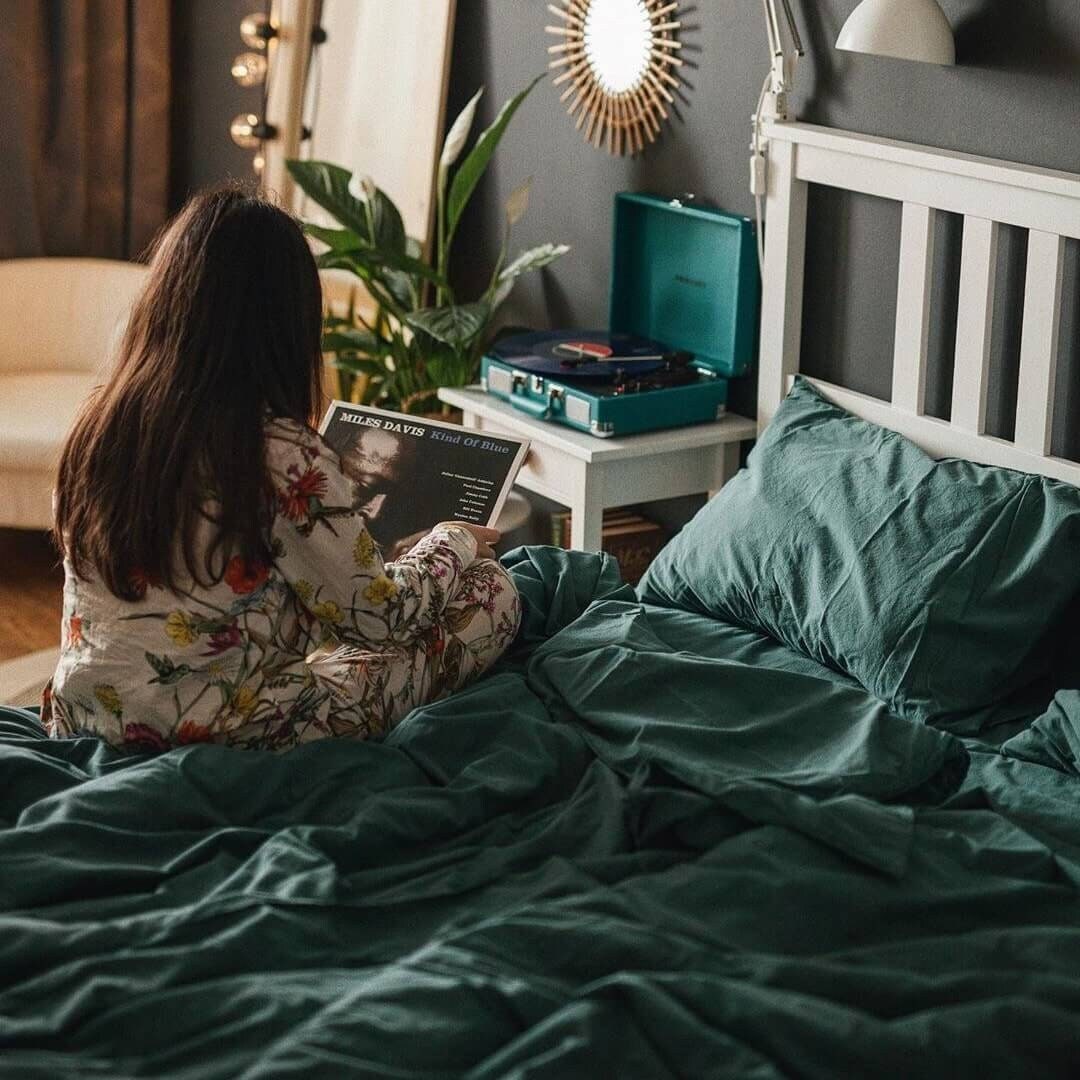 Statement Emerald Bedding Set, Dark Green Bed Set for Couple, Natural ...