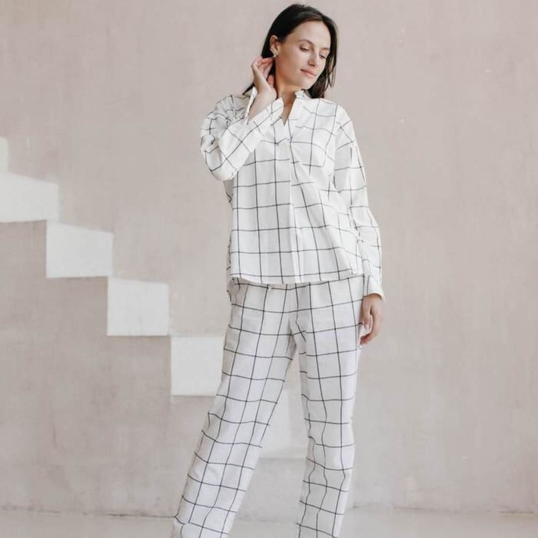 Charming Gridded Pajamas Set, Women's Sleepwear, 100% Cotton Pajama ...