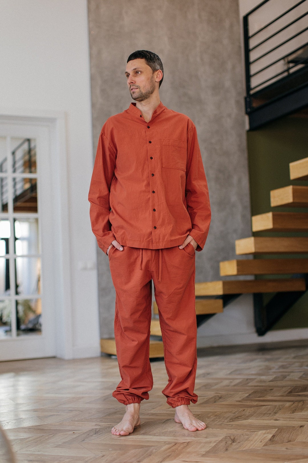 Terra Pajama Set Men, Orange Pj Pants Man, Cotton Lounge Wear, Men Cozy ...