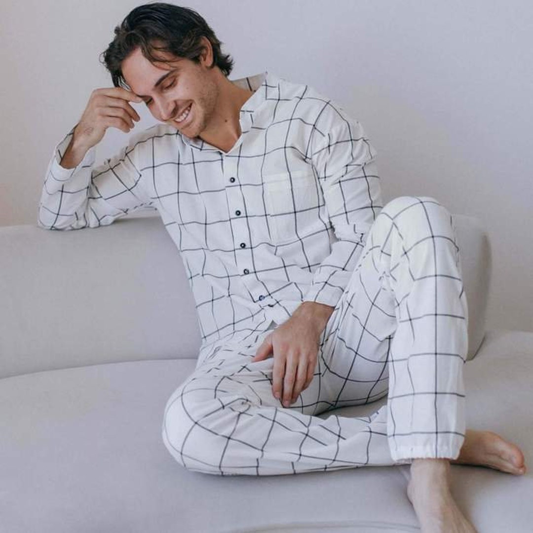100 % Cotton Pajama Set for Men, Gridded Pant & Shirt Men's Pajama ...
