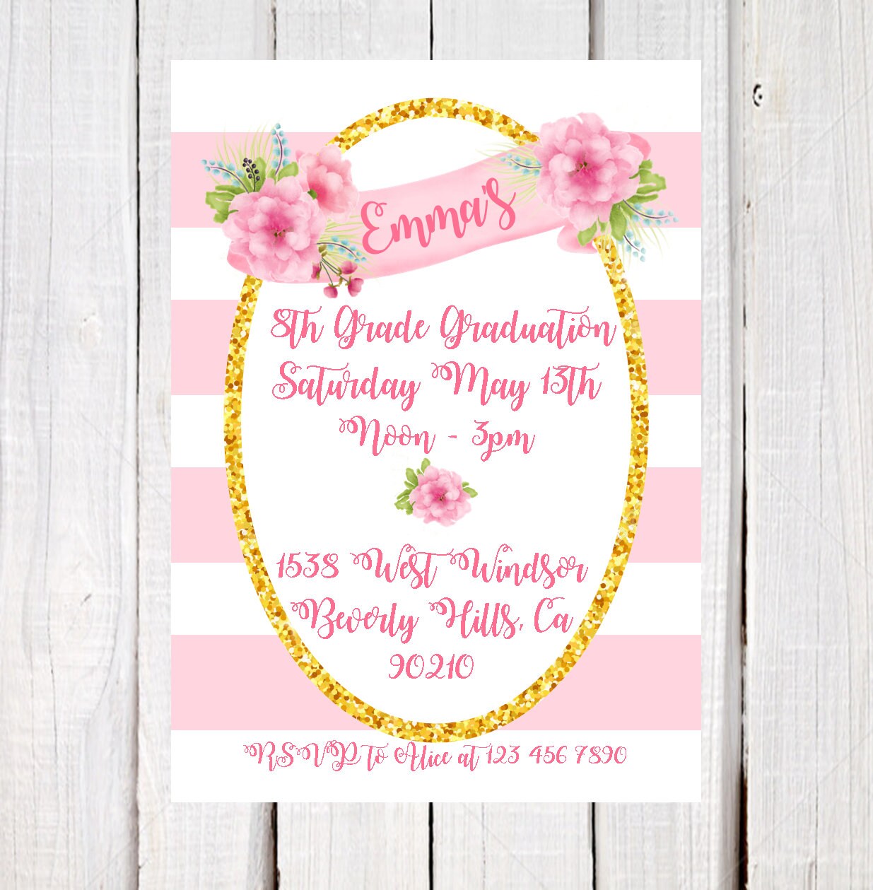 Floral and Stripe Graduation Invitation 8th Grade Graduation - Etsy
