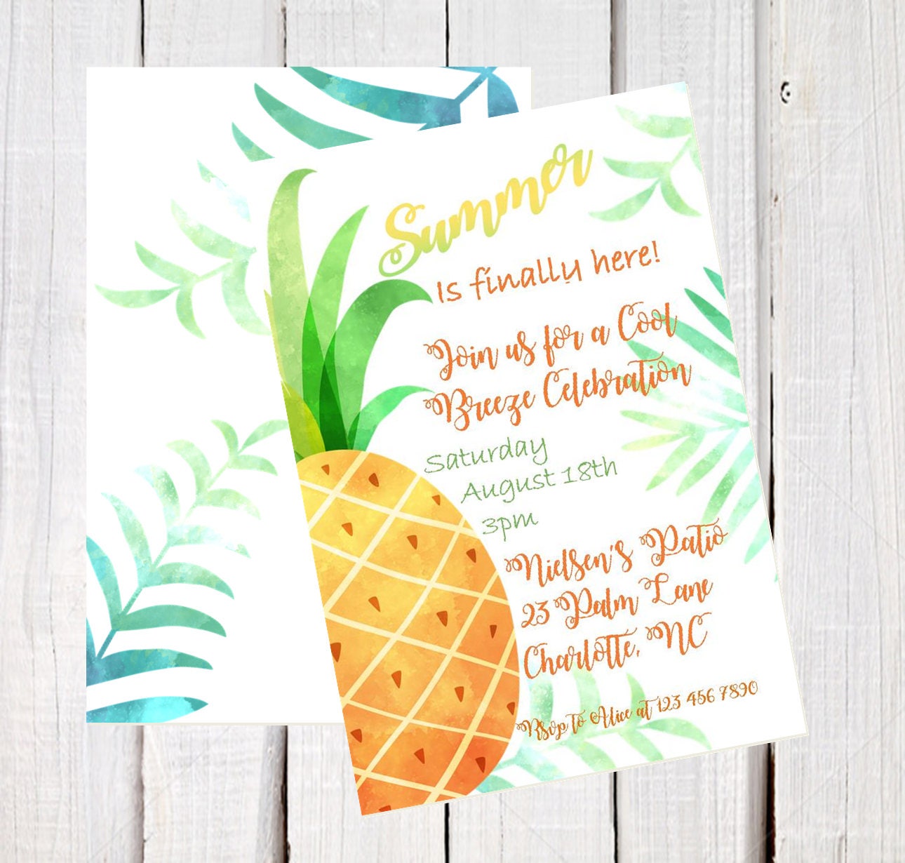 Summer Invitation, Watercolor Pineapple Invitation, Palm Leaves ...