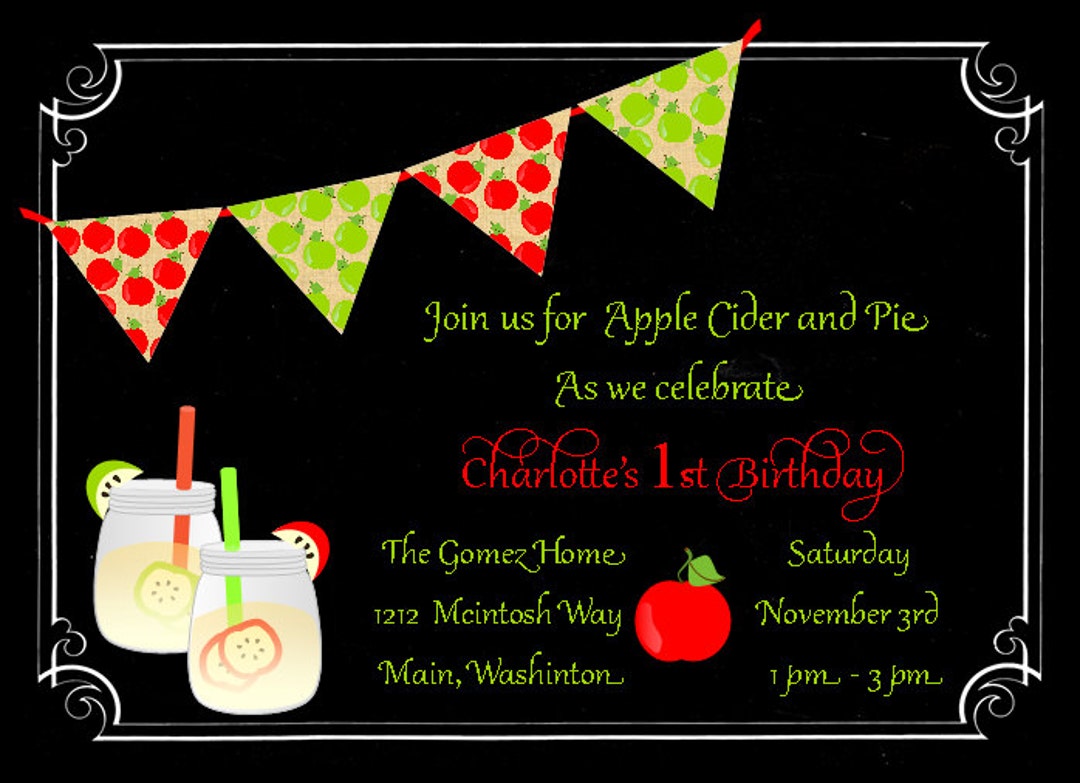 Apple Birthday Invitation, Chalkboard Apple Invitation, Mason Jar ...