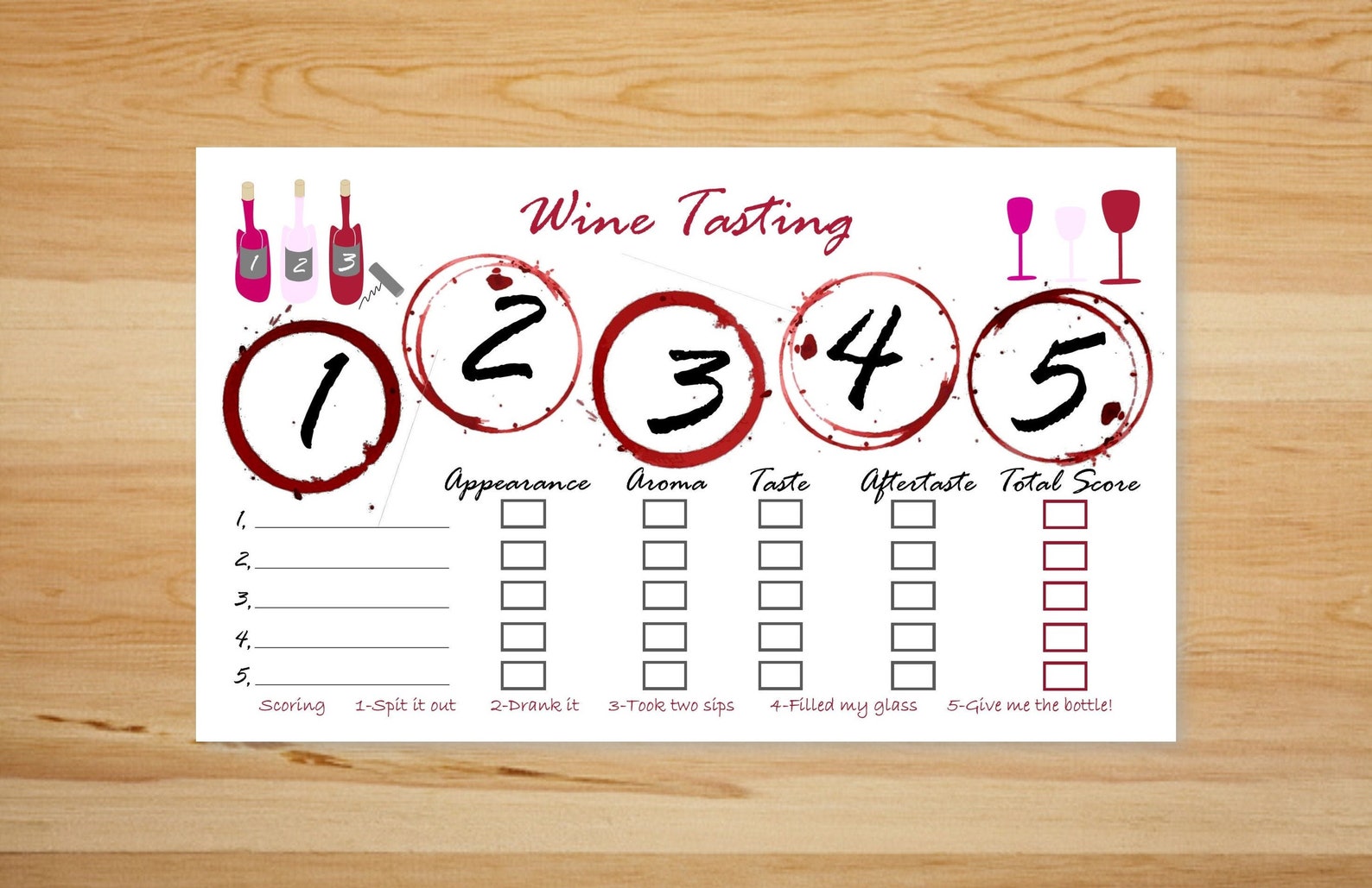 Simple Wine Tasting Placemat Scorecard, Wine Tasting Card, Red Wine ...