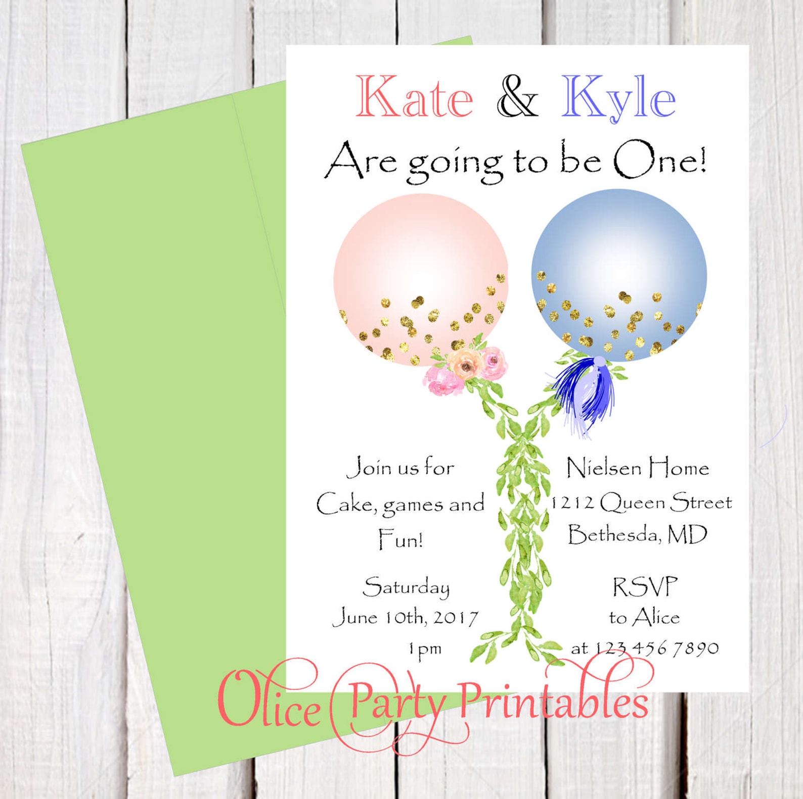 Twins First Birthday Invitation, Modern Twins 1st Birthday Invitation ...