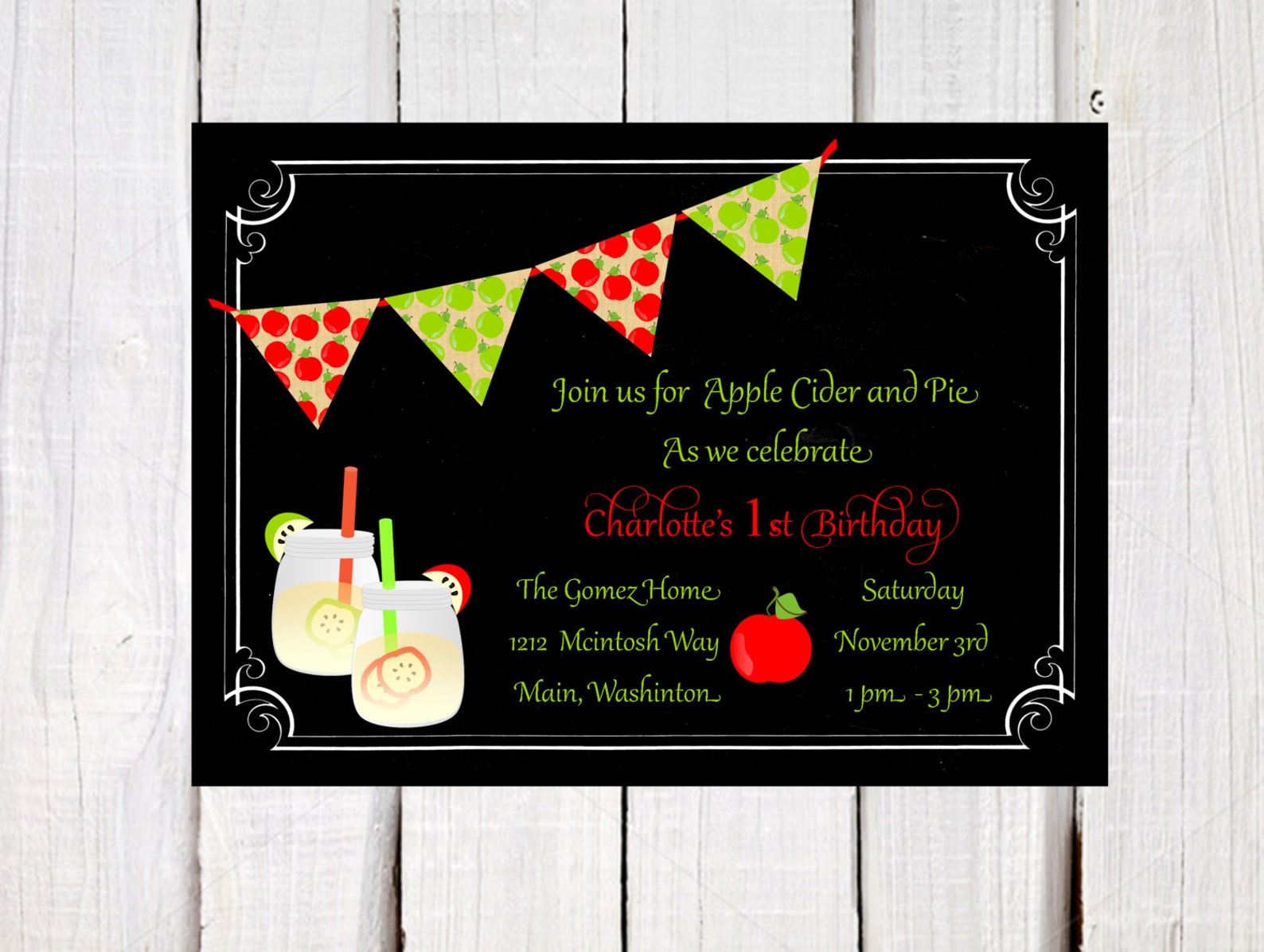 Apple Birthday Invitation, Chalkboard Apple Invitation, Mason Jar ...