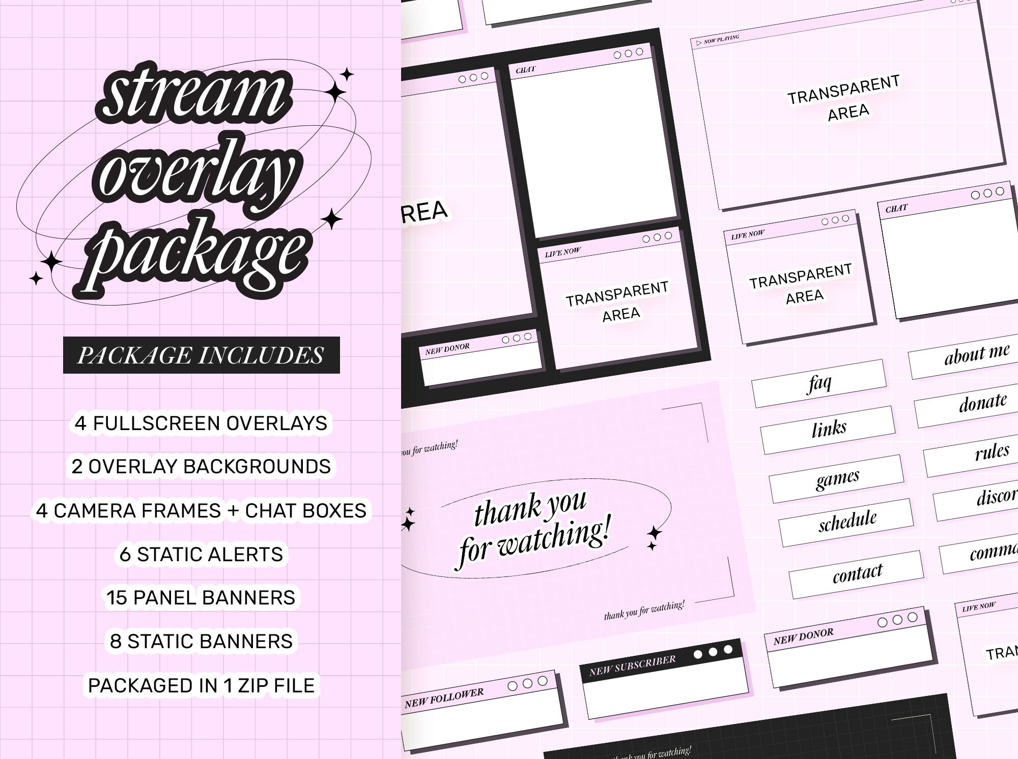 Lilac and Black Stream Overlay Package for Twitch, Youtube, Cute ...