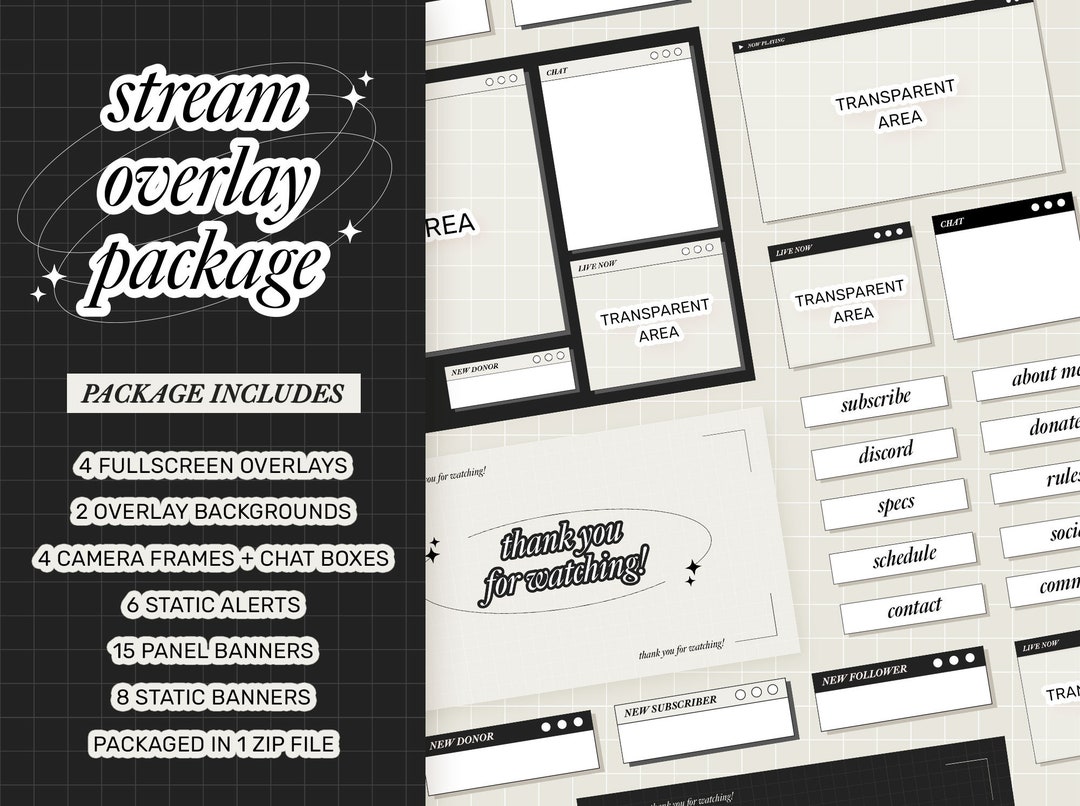 Black and Grey Stream Overlay Package for Twitch, Cute Windows Theme ...