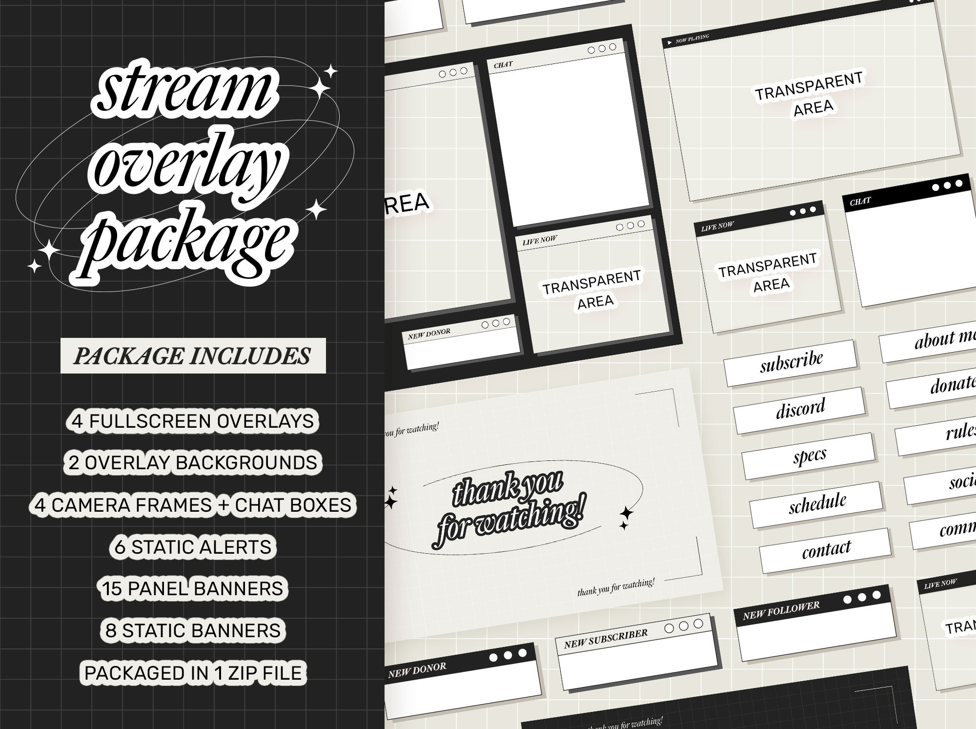 Black and Grey Stream Overlay Package for Twitch, Cute Windows Theme ...