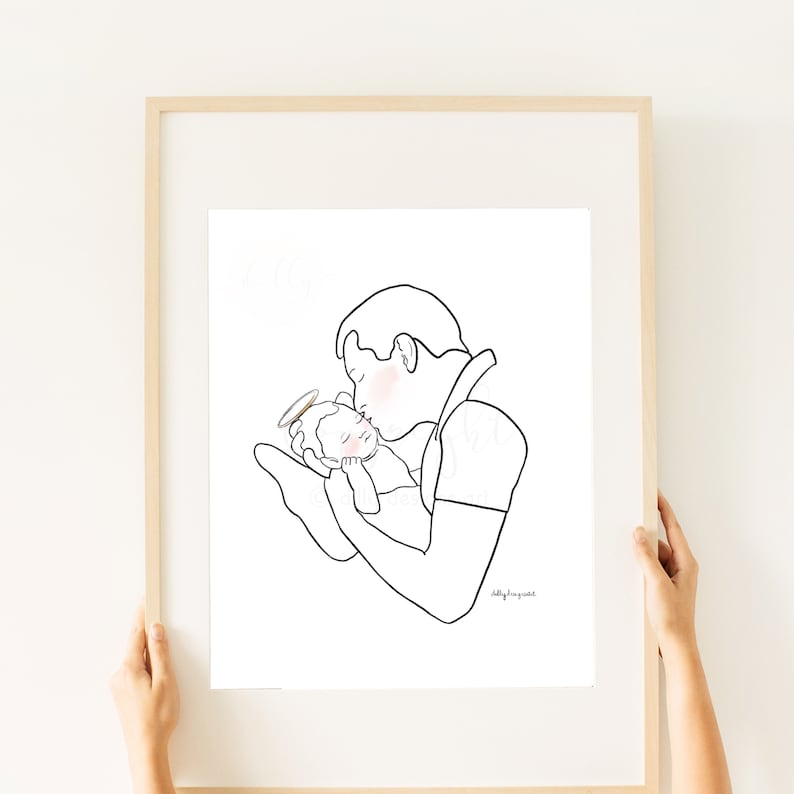 Line Art Dad and Angel Baby Hand Drawn Artwork Premium | Etsy