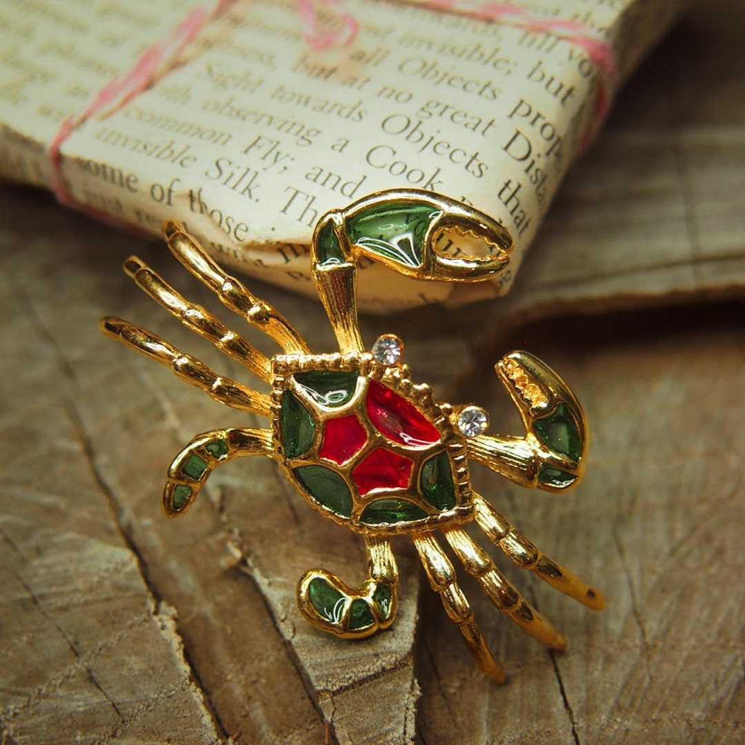 Crab Brooch Pink Green | Enamel Rhinestone Pin | Animal Lover Gift ...