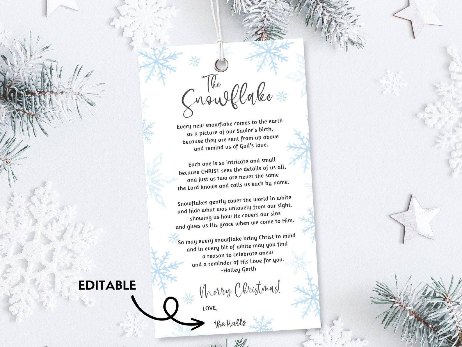 The Snowflake Poem Christmas Tag | Christ-centered Christmas | Editable ...