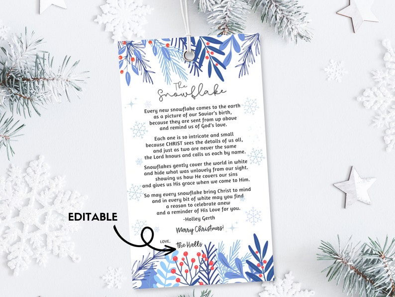 The Snowflake Poem Christmas Tag | Christ-centered Christmas | Editable ...
