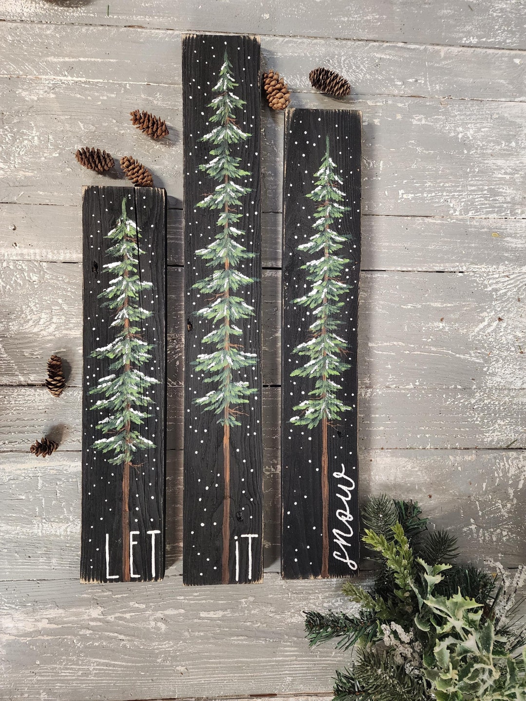 3 Piece Winter Tree Black Sign, Let It Snow Painting, Snow Covered Pine ...