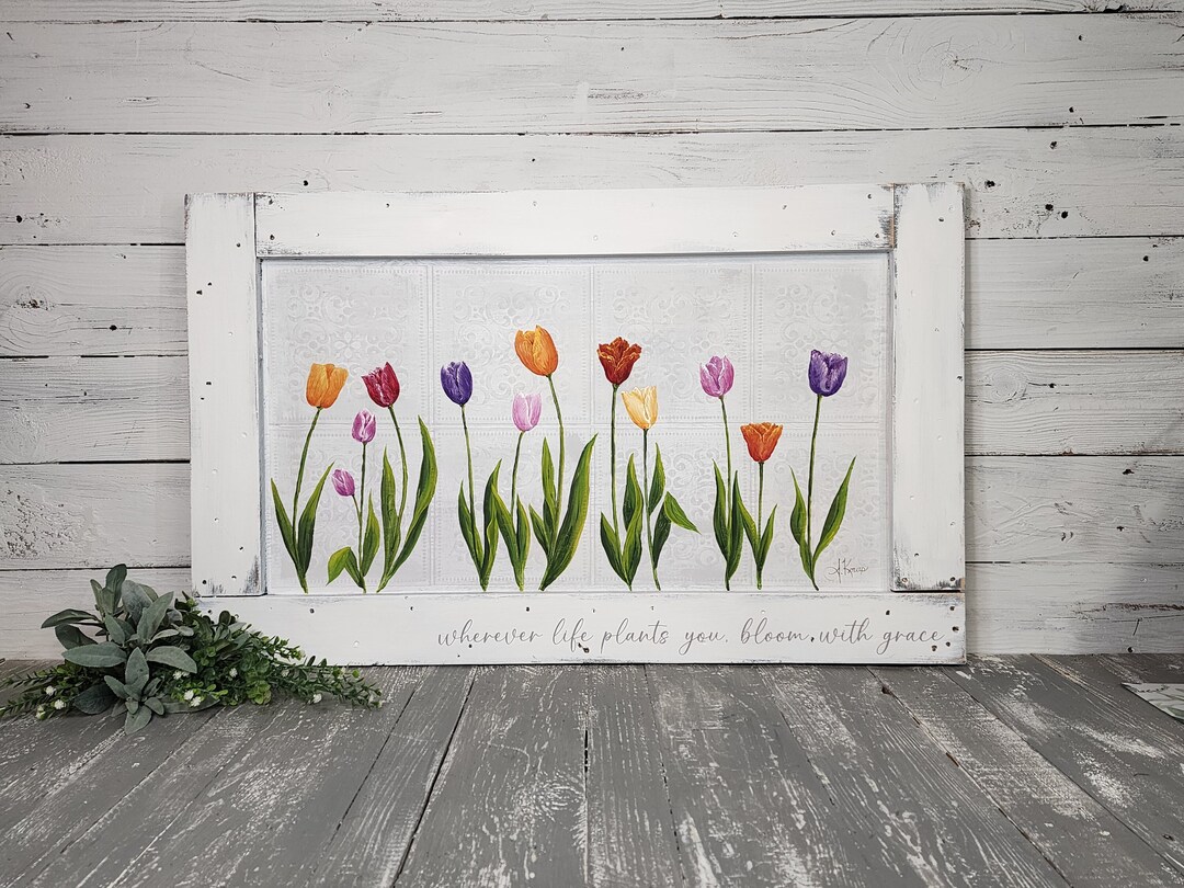 Spring Tulip Painting, Summer Cottage Porch Wall Art, Grace Word Sign ...