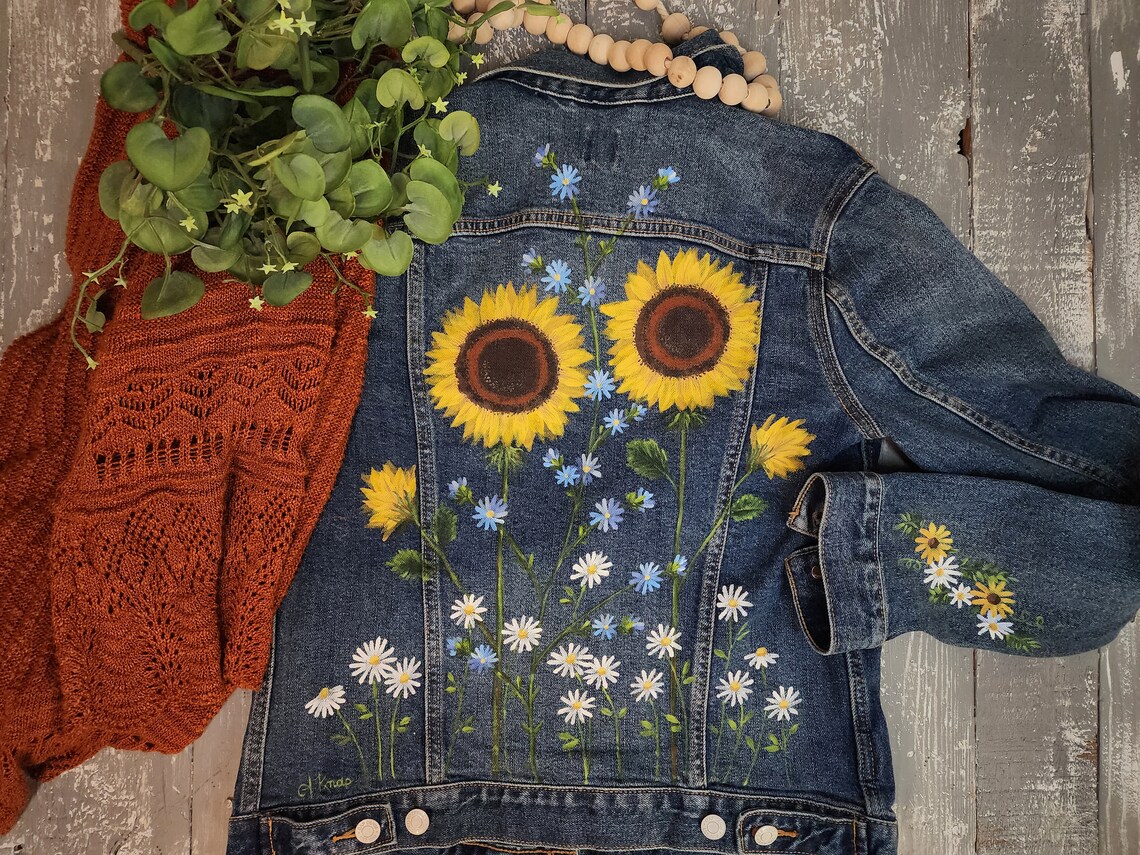 Hand Painted Sunflower Denim Jacket Autumn Fall Painted - Etsy