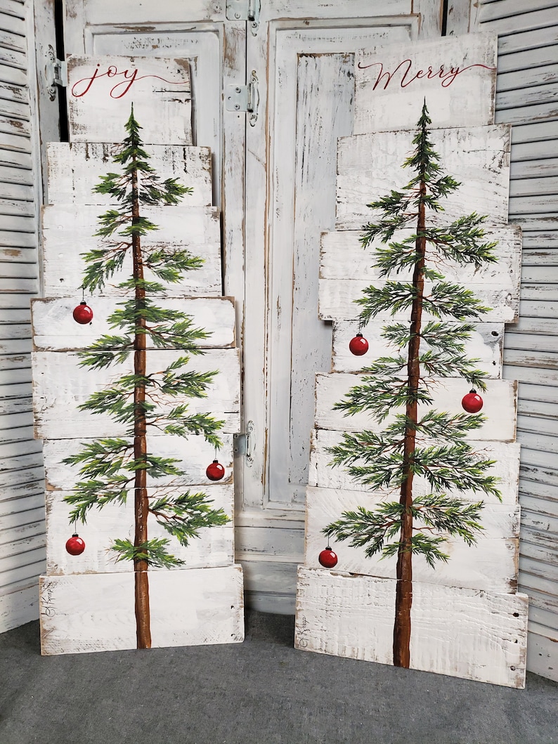 Christmas tree sign Merry farmhouse decor Christmas painted | Etsy