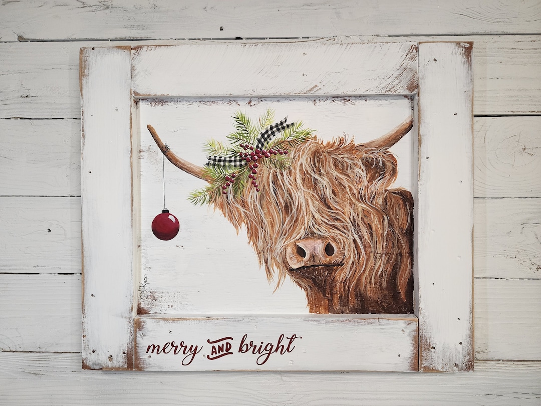 Christmas Highland Cow With Everygreens and Red Berries, Hand Painted ...
