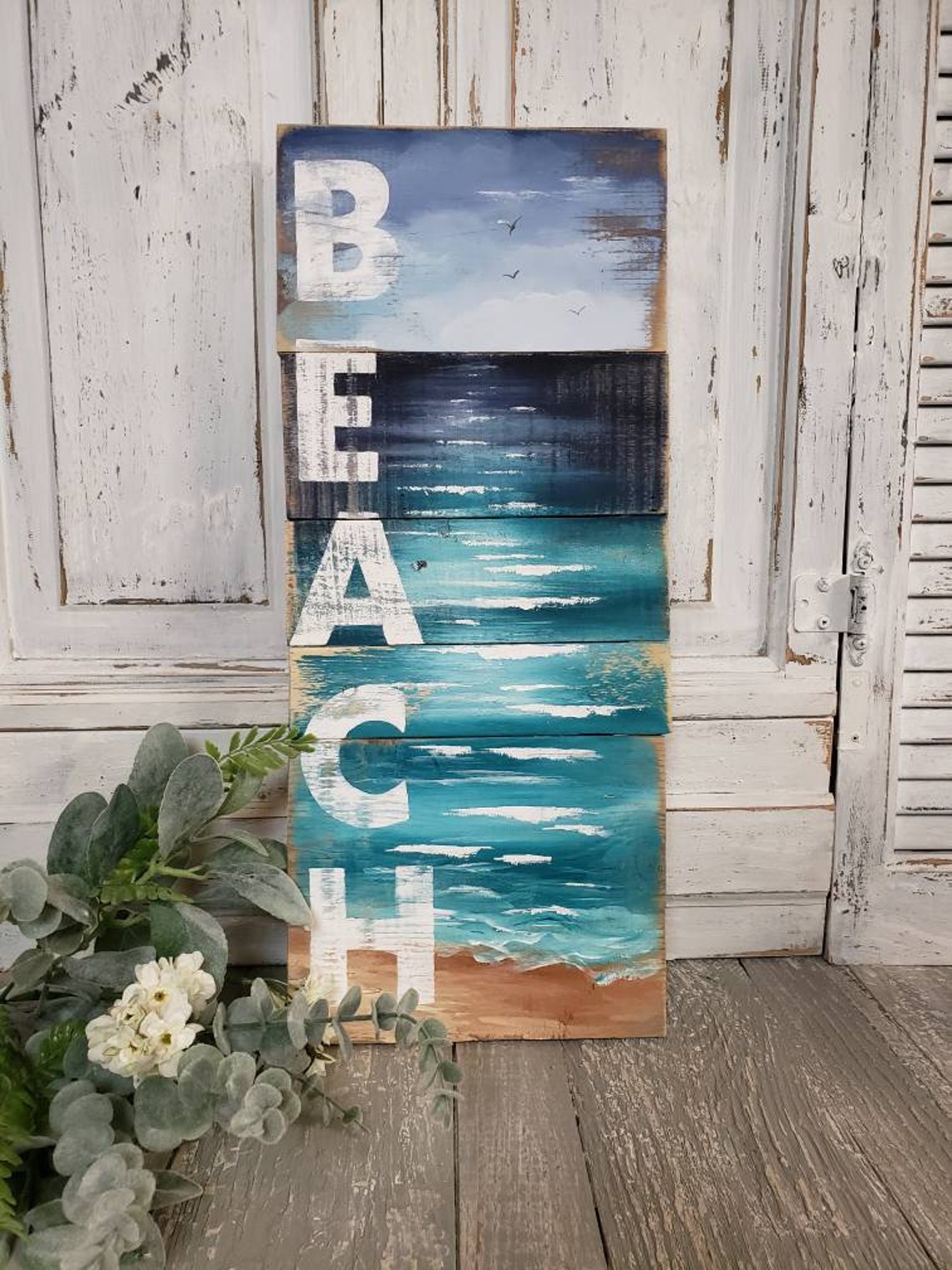 Beach Word Sign Handmade Hand Painted Sign Seascape With - Etsy