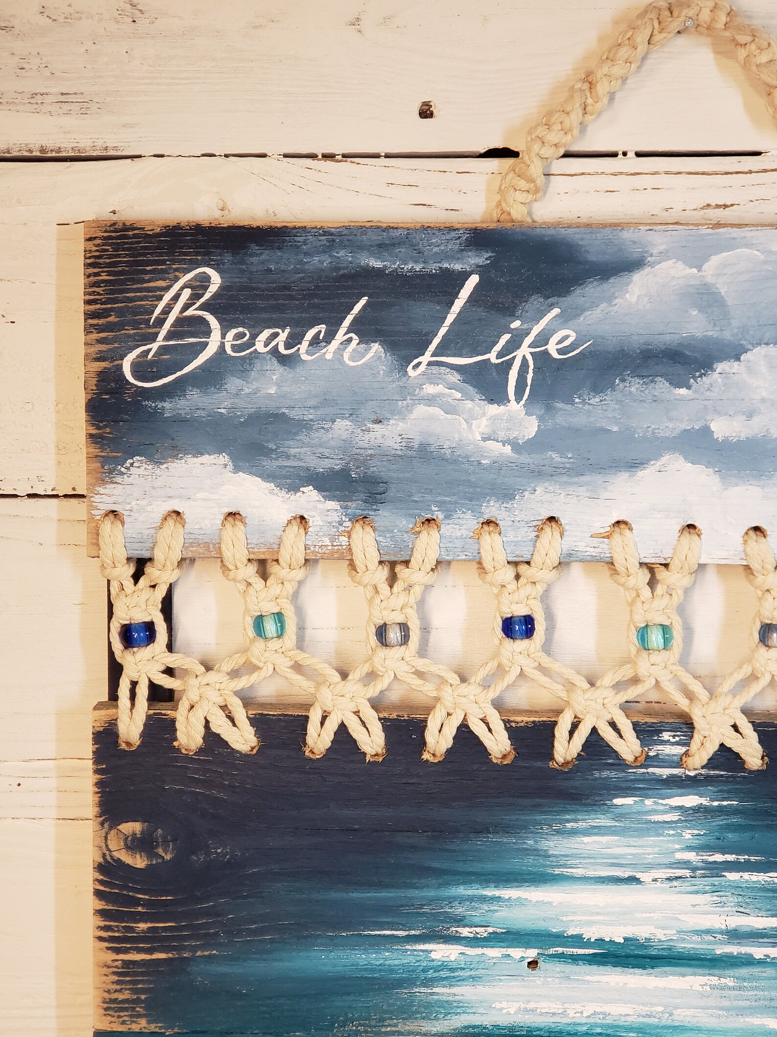 BOHO Macrame Beach Painting on Pallet Wood, Beach Life, Glass Beads ...