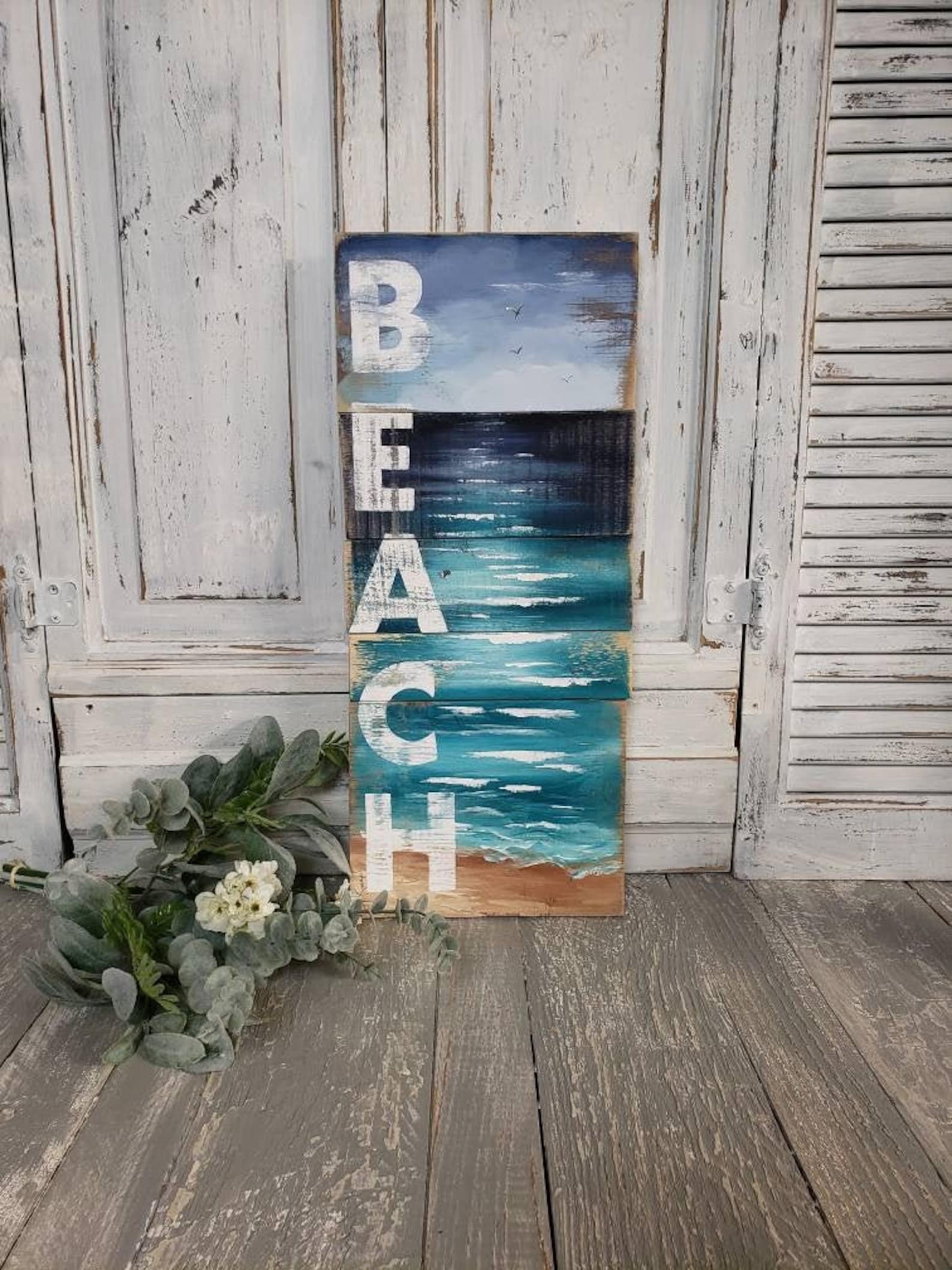 Beach Word Sign, Handmade, Hand Painted Sign Seascape With BEACH ...