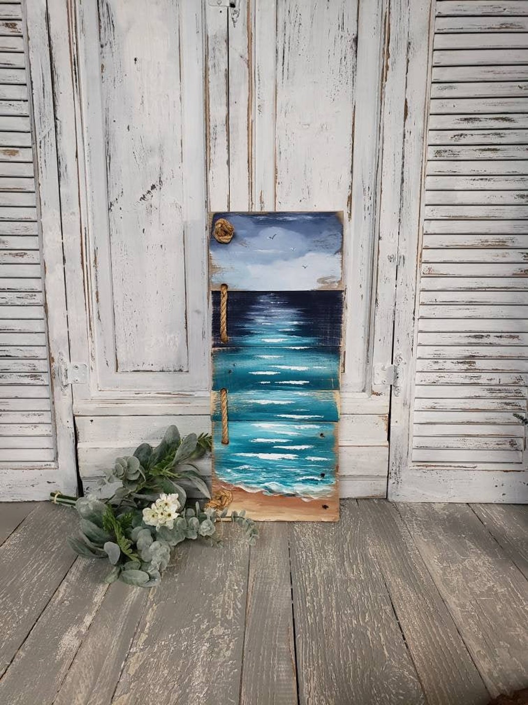 Beach Pallet Wall Art, Handmade Hand Painted Seascape With Rope Accent ...
