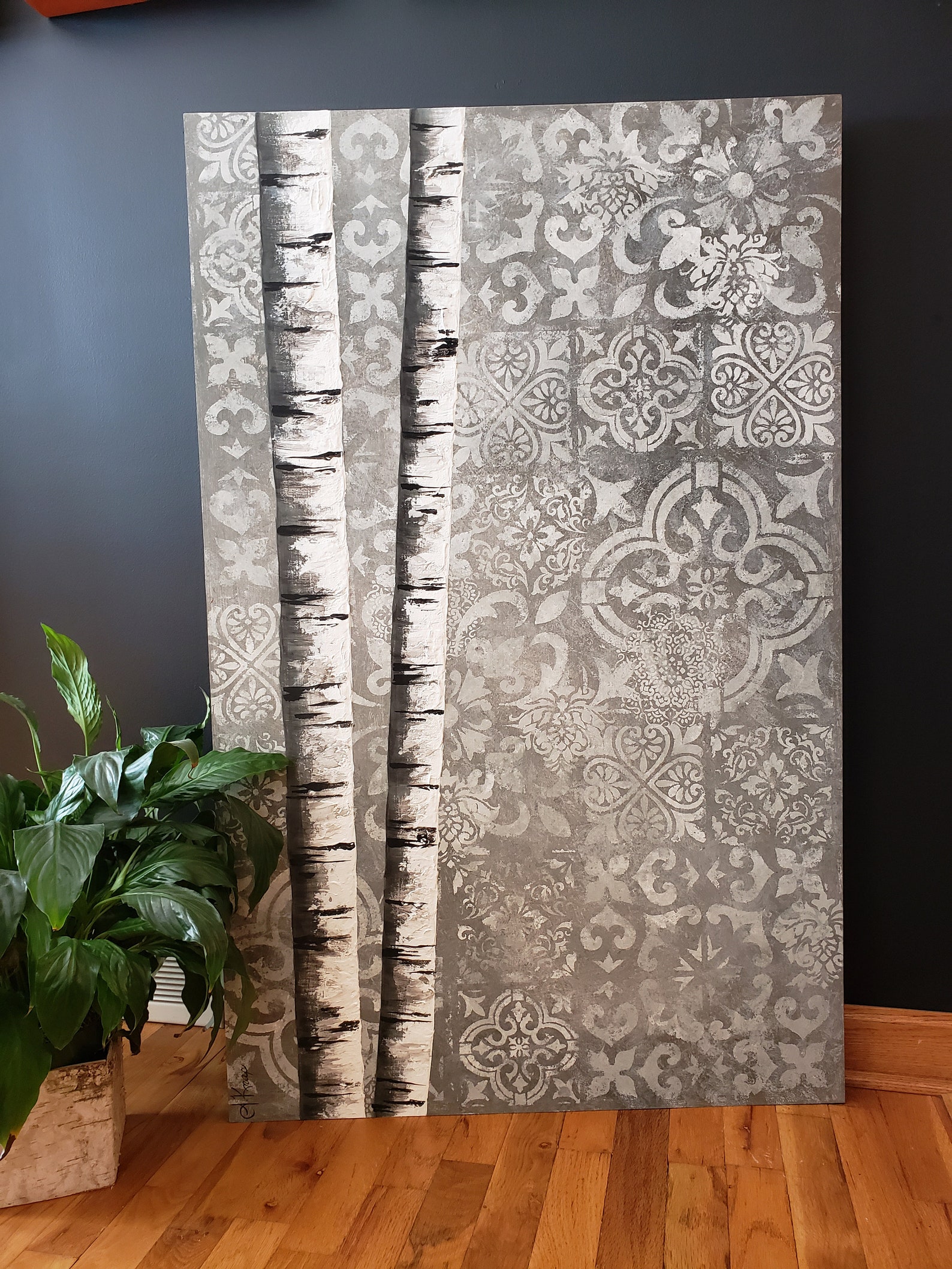Modern White Birch Painting Abstract Stencil Design on - Etsy