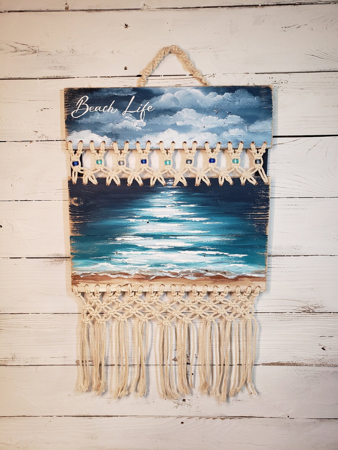 BOHO Macrame Beach Painting on Pallet Wood, Beach Life, Glass Beads ...