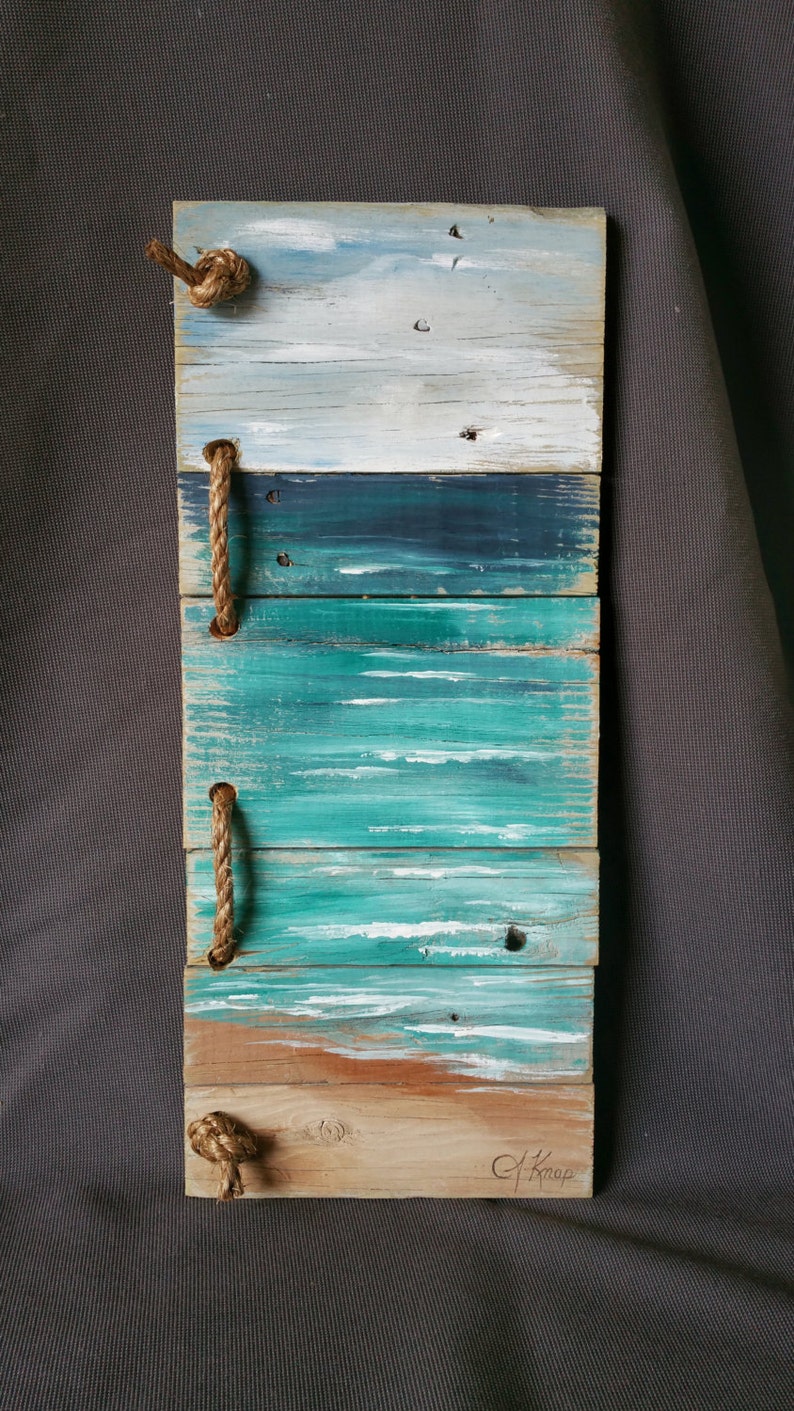 Beach Pallet Wall Art, Handmade Hand Painted Seascape With Rope Accent ...