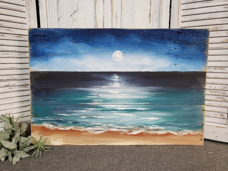 Pallet Beach Painting, Moon Rise Over Water, Pallet Ocean Wall Art ...