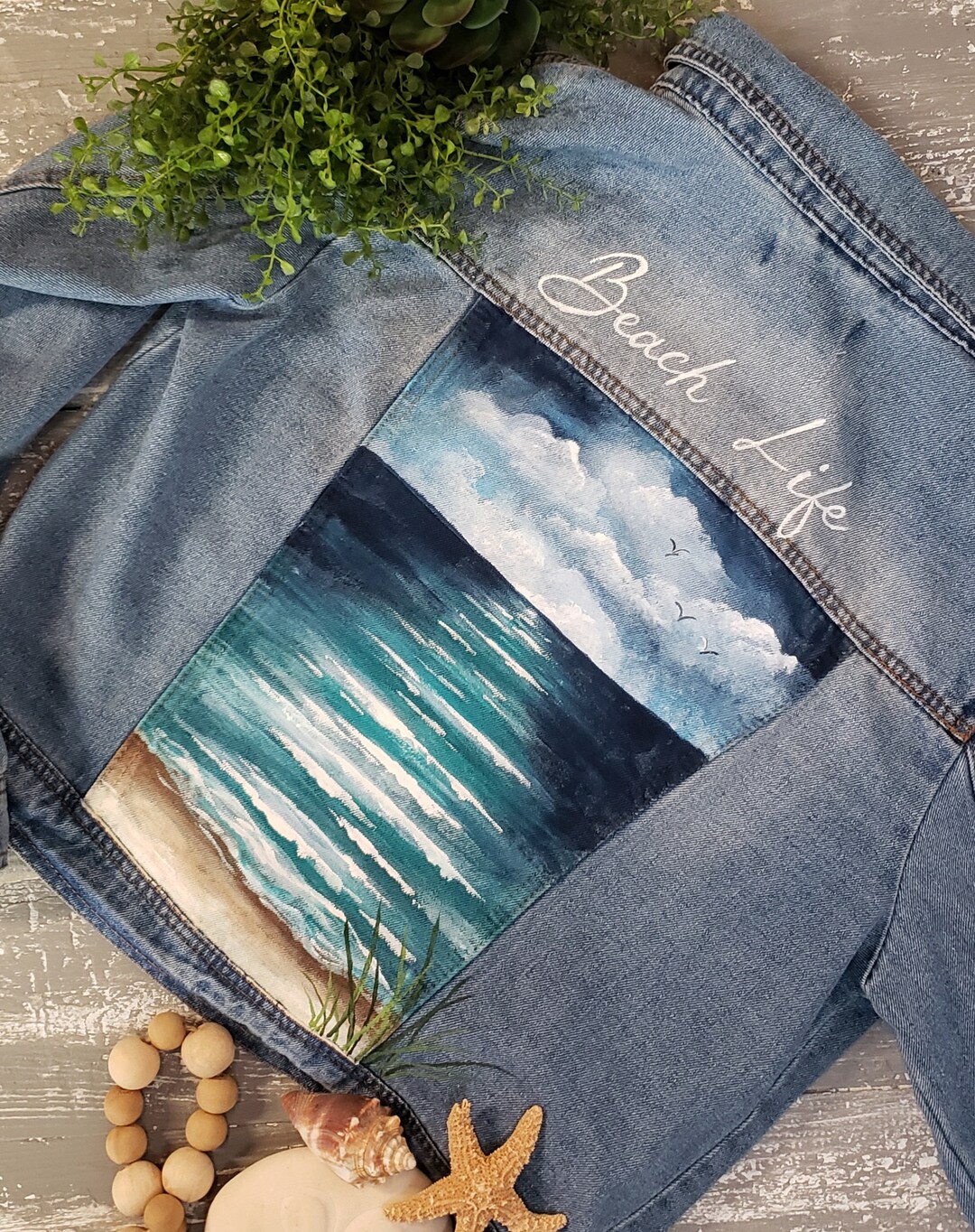 Hand Painted Beach Denim Jacket, Beach Life, Custom Painted Jean Jacket ...