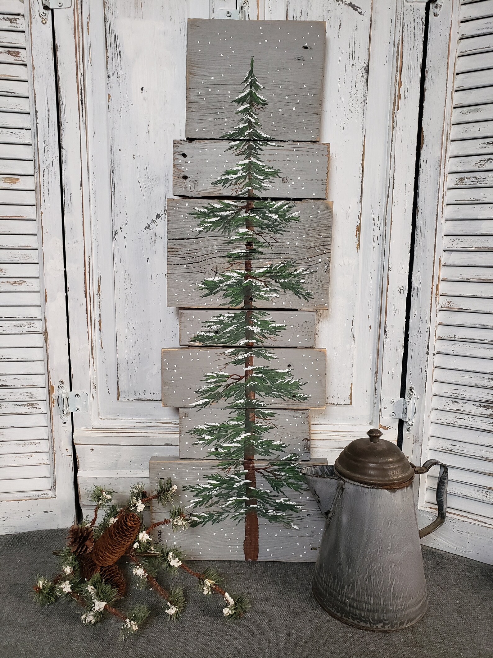 Snowy Pine Tree, Farmhouse Grey Decoration, Painted Christmas Tree ...