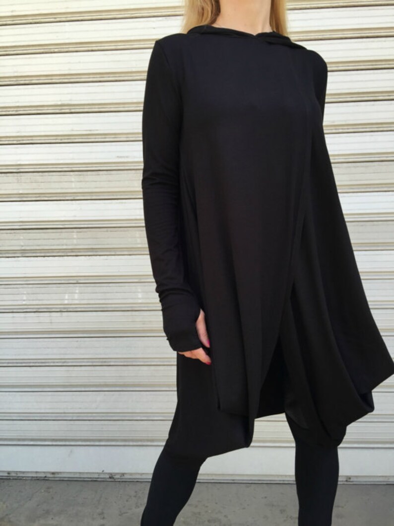 Black Asymmetric Long Sleeve Tunic Top Women Casual Hoodie Etsy