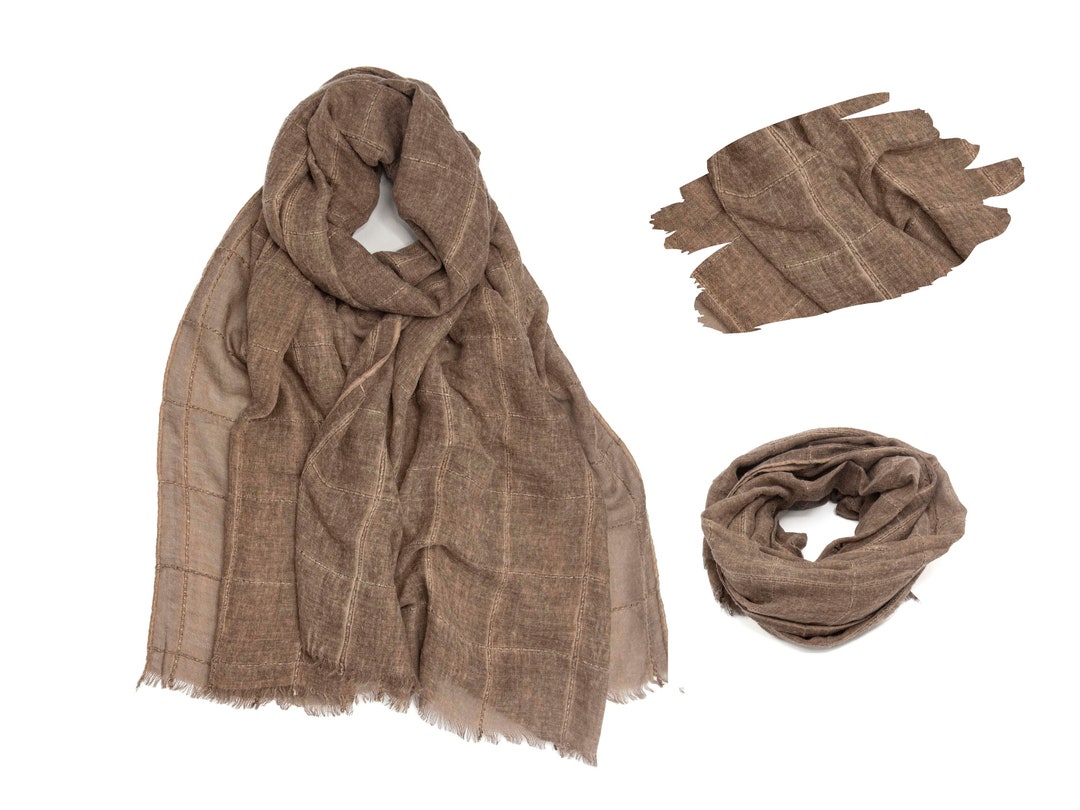 Brown Cotton Scarf With Hand-stitched Lines Raw Fringed Edges - Etsy UK