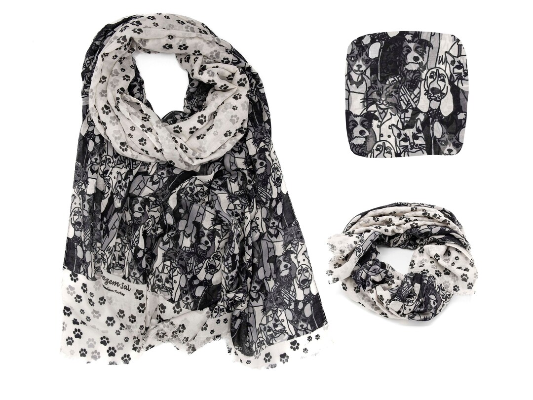 Adorable Cat & Dog Sketch Scarves by Designer - Lightweight Cotton ...
