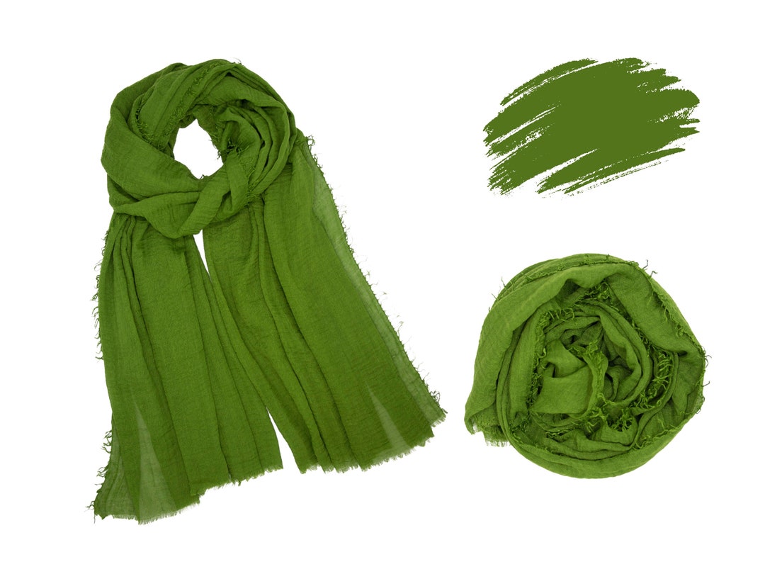 Grass Green Cotton Scarf, Natural Long and Thin All Season Comfortable ...