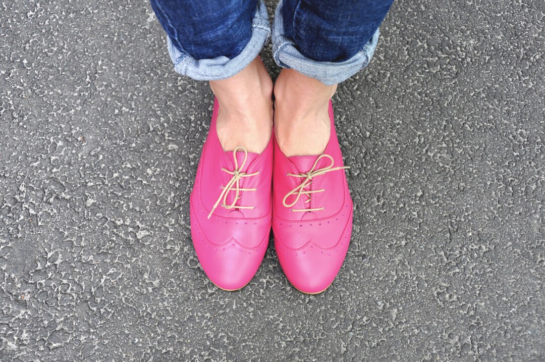 Limehouse: Women’s Pink Leather Oxford Brogues – Color Block Lace-up ...