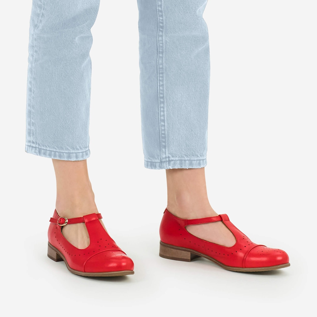 Jane: Red Leather Mary Jane Shoes - Handcrafted T-bar Design - Etsy