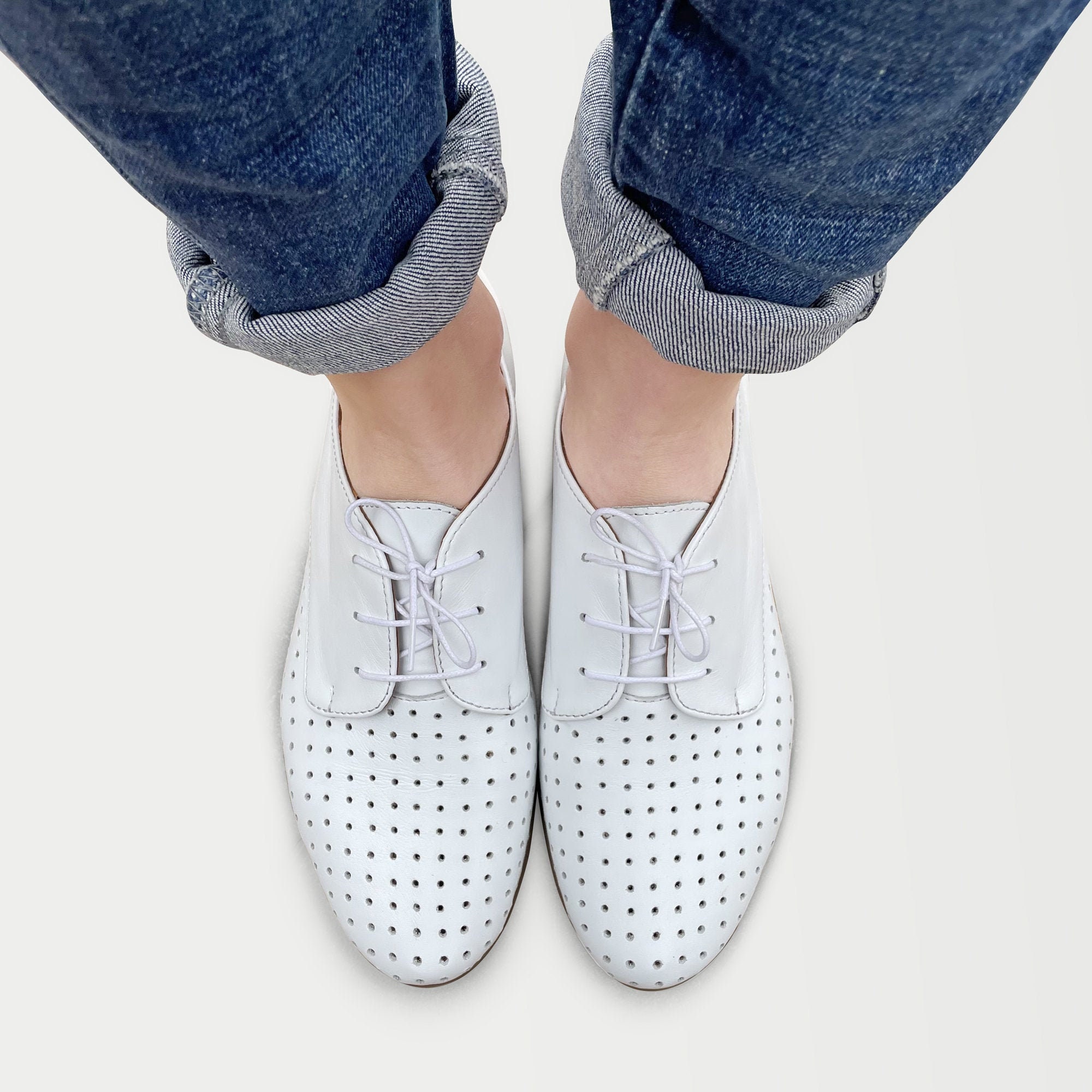 Clair White Perforated Leather Oxford Shoes Womens Brogues | Etsy