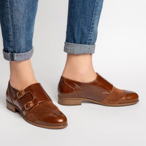 Baron - Women's Dress Shoes in Brown Leather and Textile, Monk Strap ...