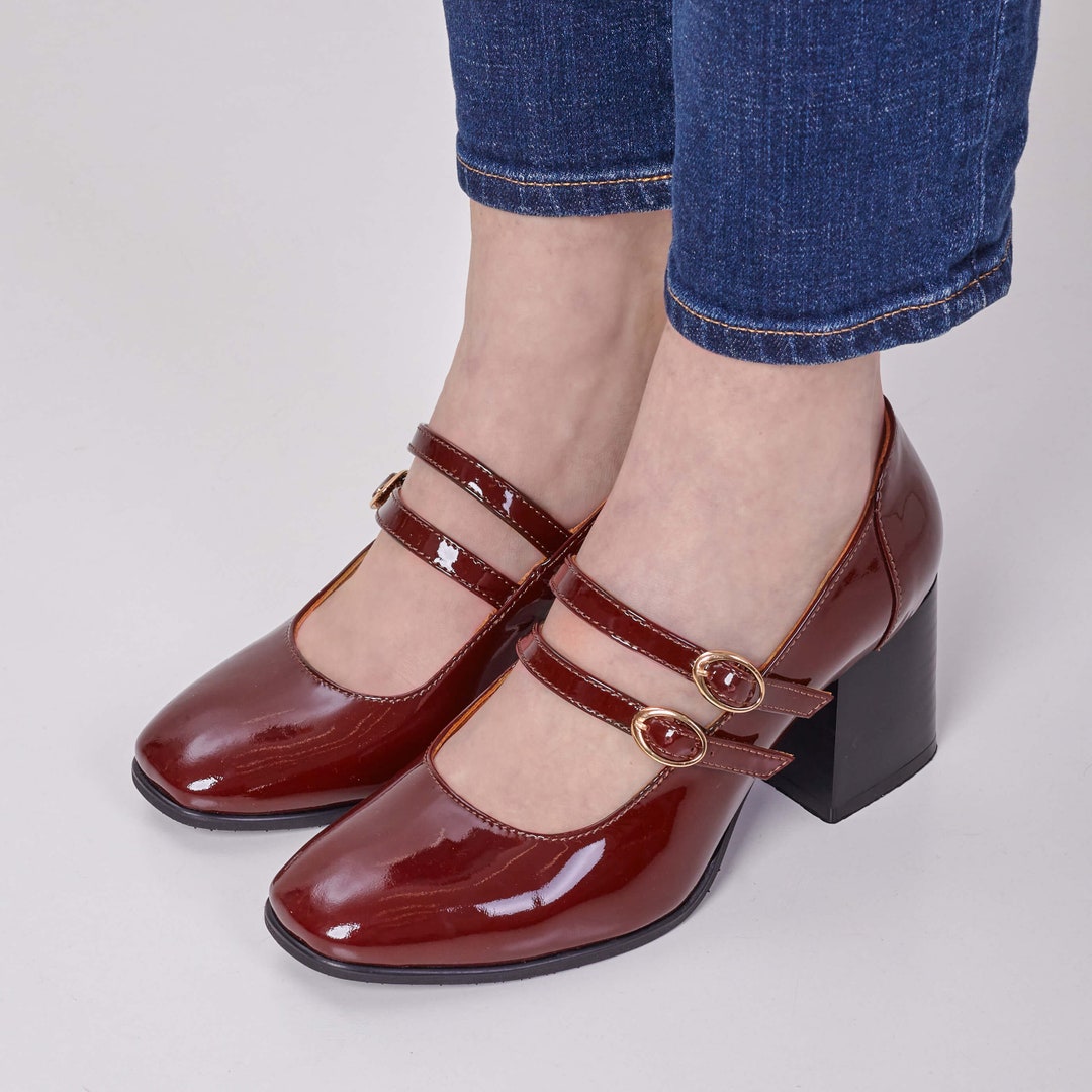 Marcel Burgundy Mary Jane Pumps, Square Toe Mary Jane, Block Heel Shoes ...