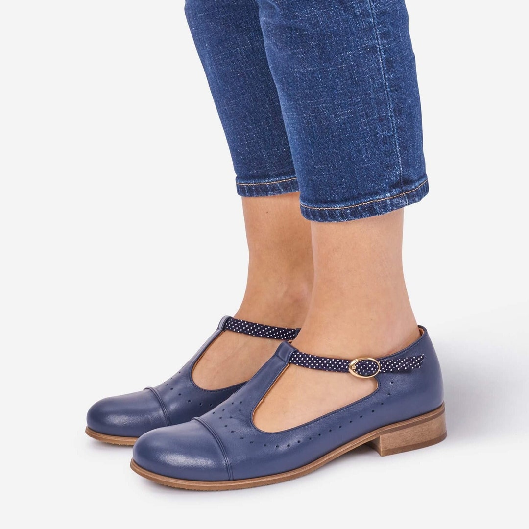 Jane Women's Mary Janes, Flat Mary Janes, Blue T-strap Shoes, Mary Jane ...