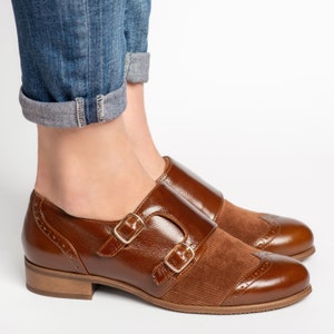 Baron - Women's Dress Shoes in Brown Leather and Textile, Monk Strap ...