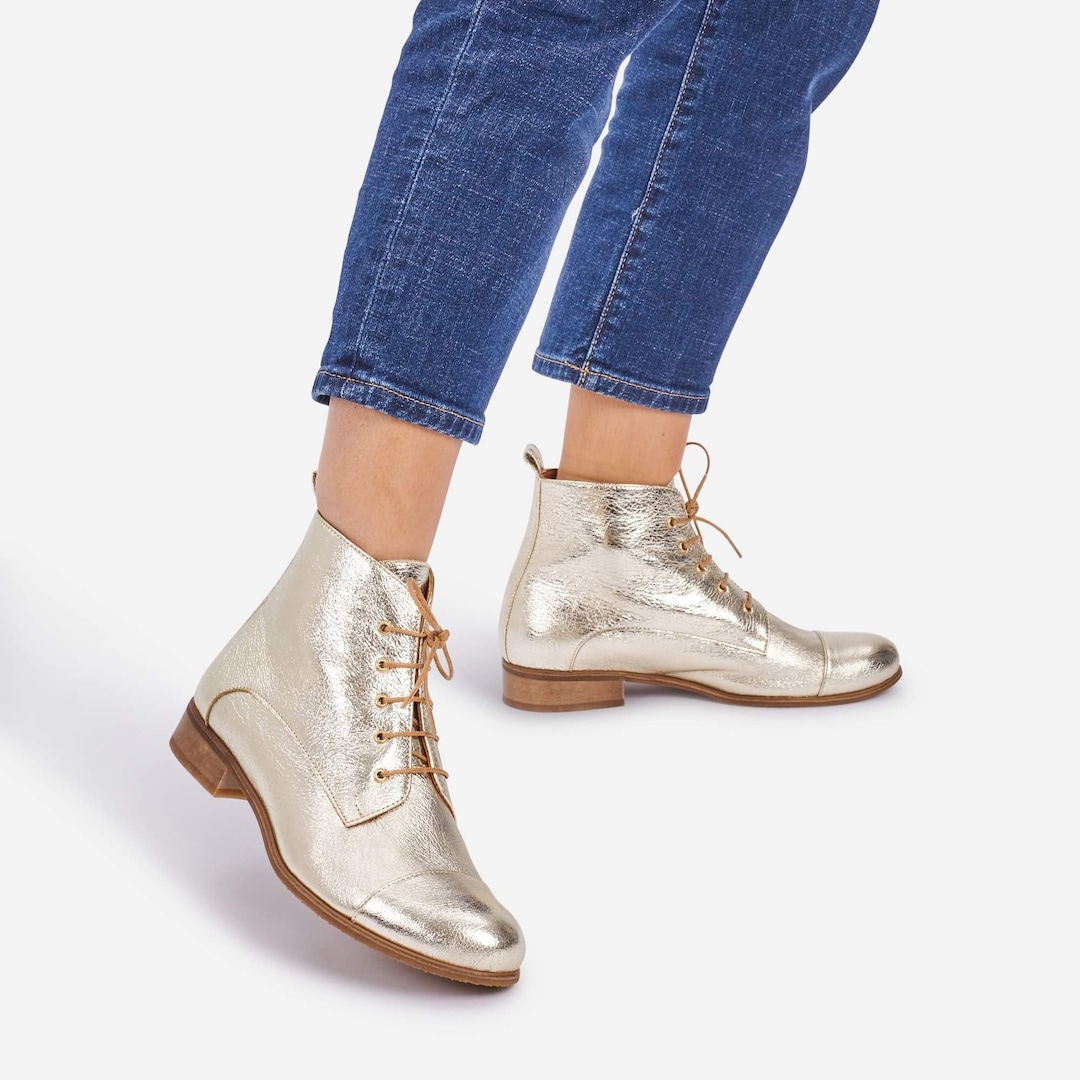 Burton: Women’s Gold Leather Ankle Boots – Lace-up Dress Booties ...