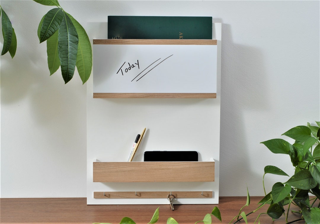 Wall Organizer + Dry Erase Board, White and Oak, Whiteboard ...