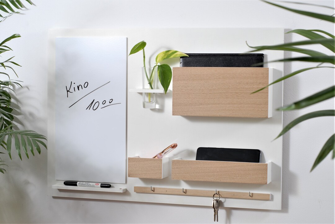 Wall Organizer + Dry Erase Board, White + Natural Oak, Whiteboard ...