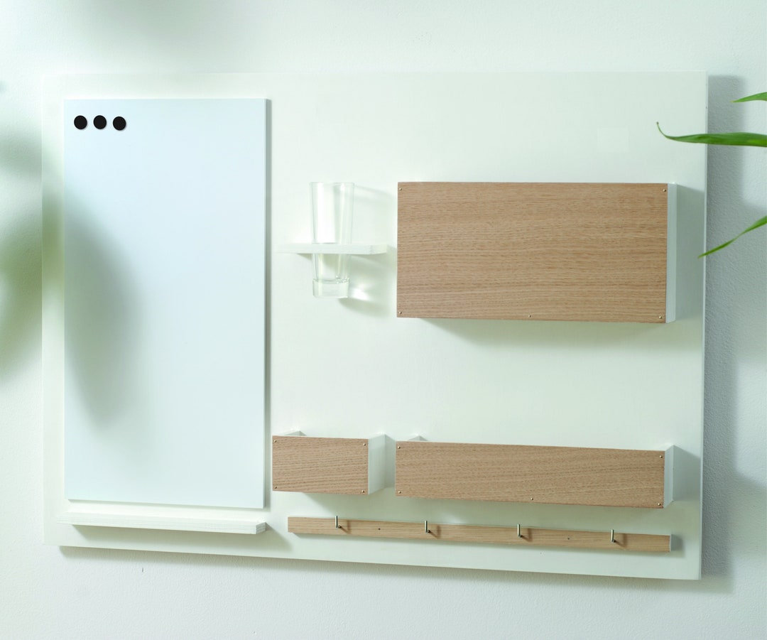 Wall Organizer, Magnetic + Dry Erase Board, White + Natural Oak ...